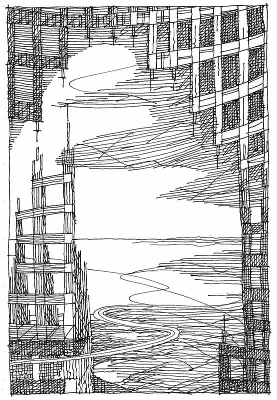 Pen and Ink Line Drawing of Architectural Ruin | Jeffrey Michael George