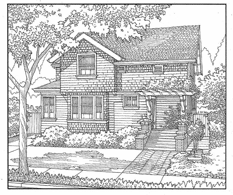 Freehand Line Drawing of Vintage Home in San Jose, CA. | Jeffrey ...
